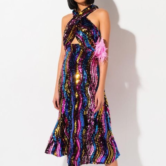 AKIRA | Dresses | Disco Multi Colored Sequin Stretch Midi Cocktail ...